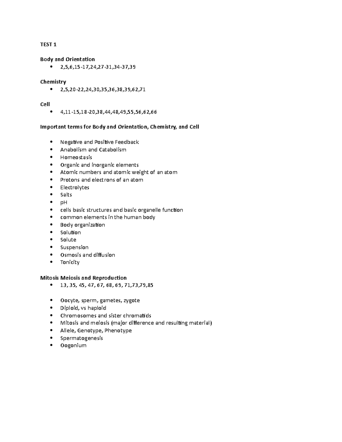 AP 1 Bullets Test 1 - review sheet for first test AP1 - TEST 1 Body and ...