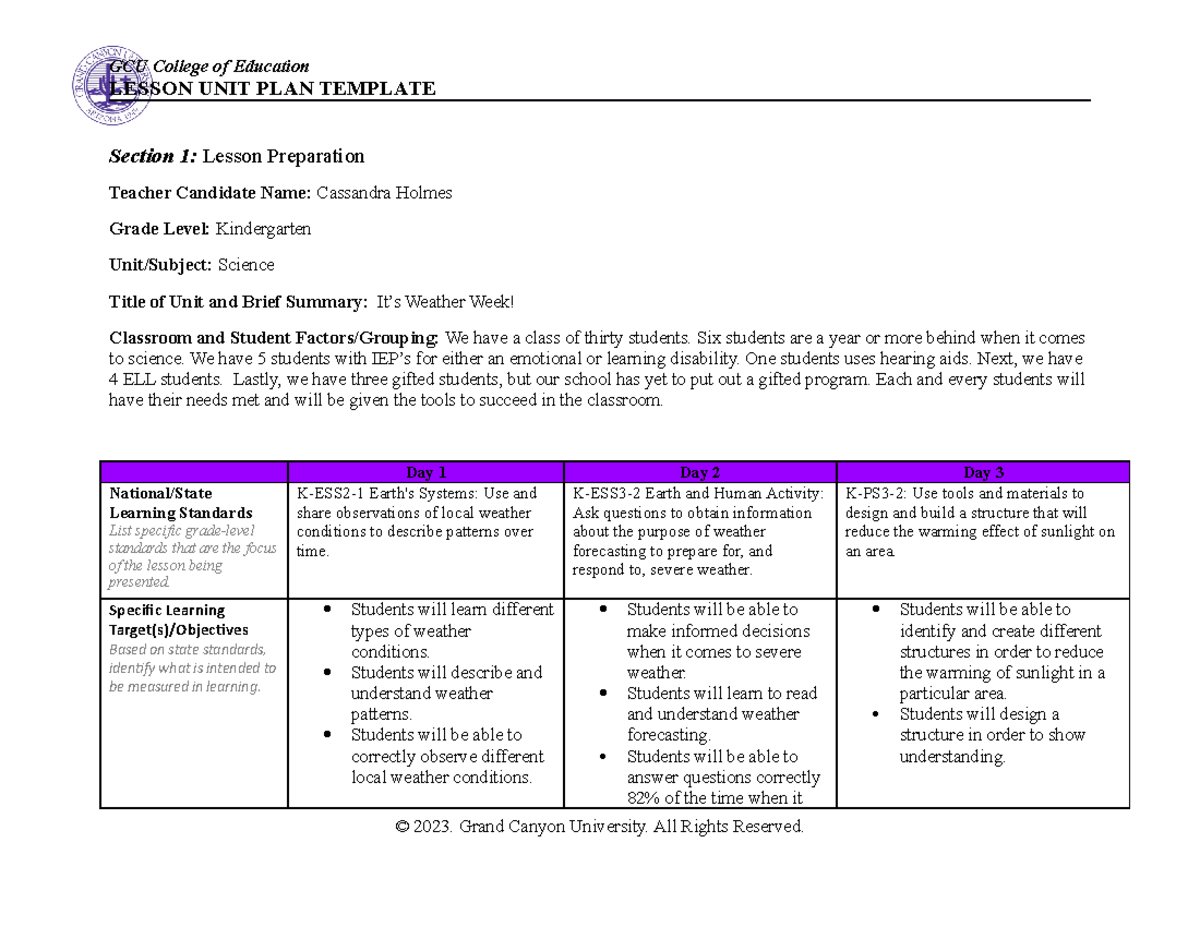 Cassandra Holmes Unit Plan Template 3day - ELM-351 - GCU - Studocu