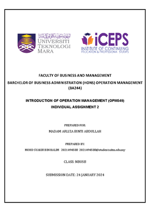 Individual Assignment 1 OPM537 - FACULTY OF BUSINESS AND MANAGEMENT ...