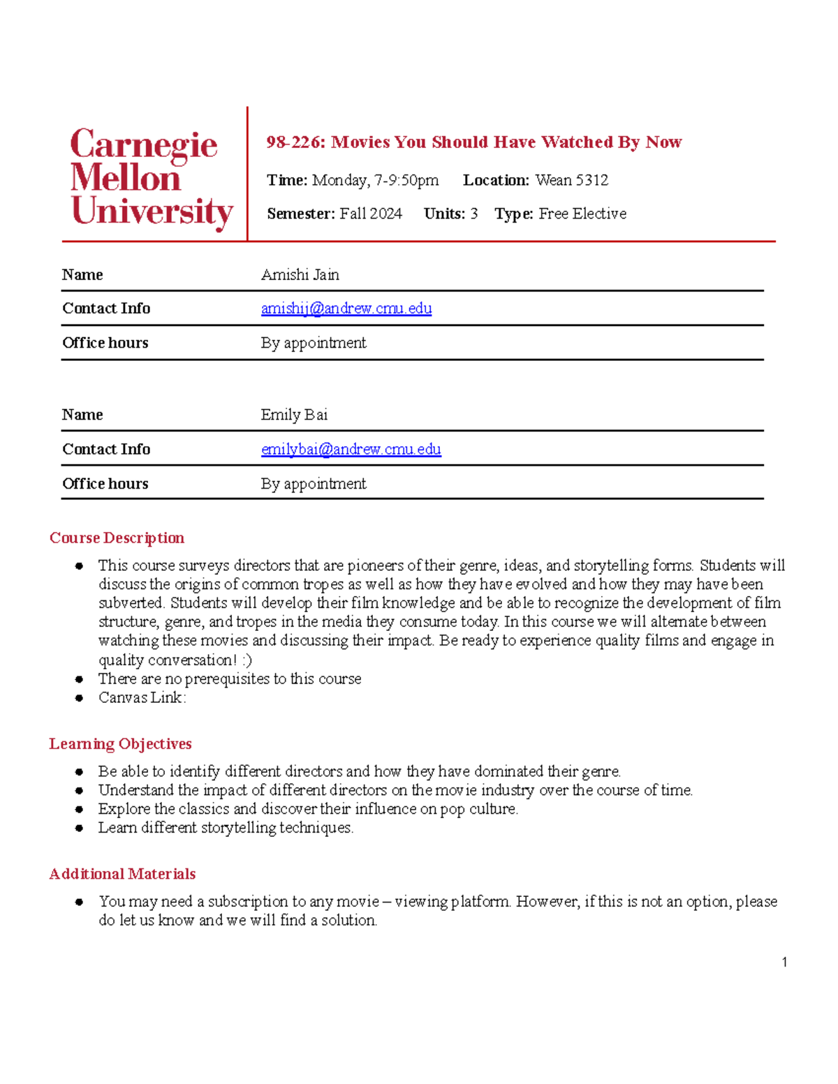 Syllabus.docx - jllll - 98-226: Movies You Should Have Watched By Now ...