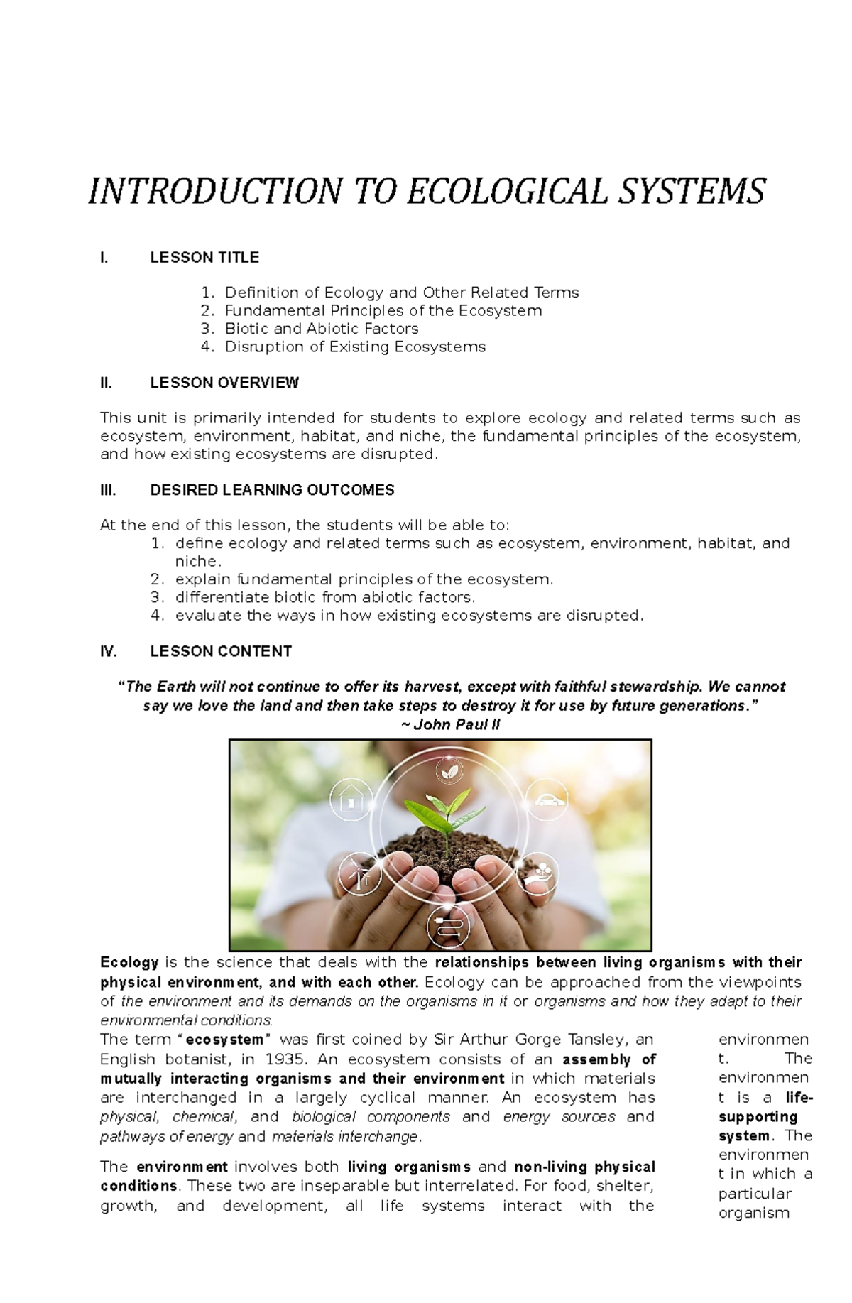 Module 1- Introduction TO Ecological Systems - INTRODUCTION TO ...