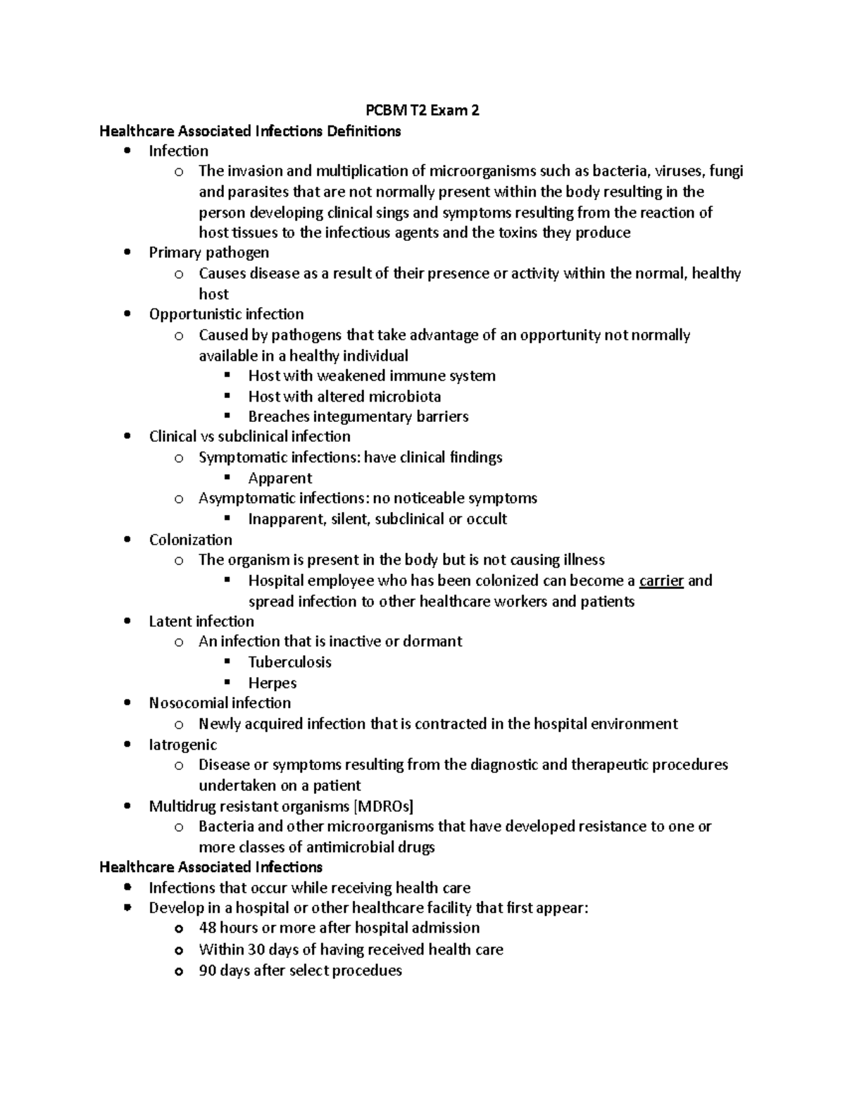 PCBM T2 Exam 2 Study Guide - PCBM T2 Exam 2 Healthcare Associated Infections Definitions ...