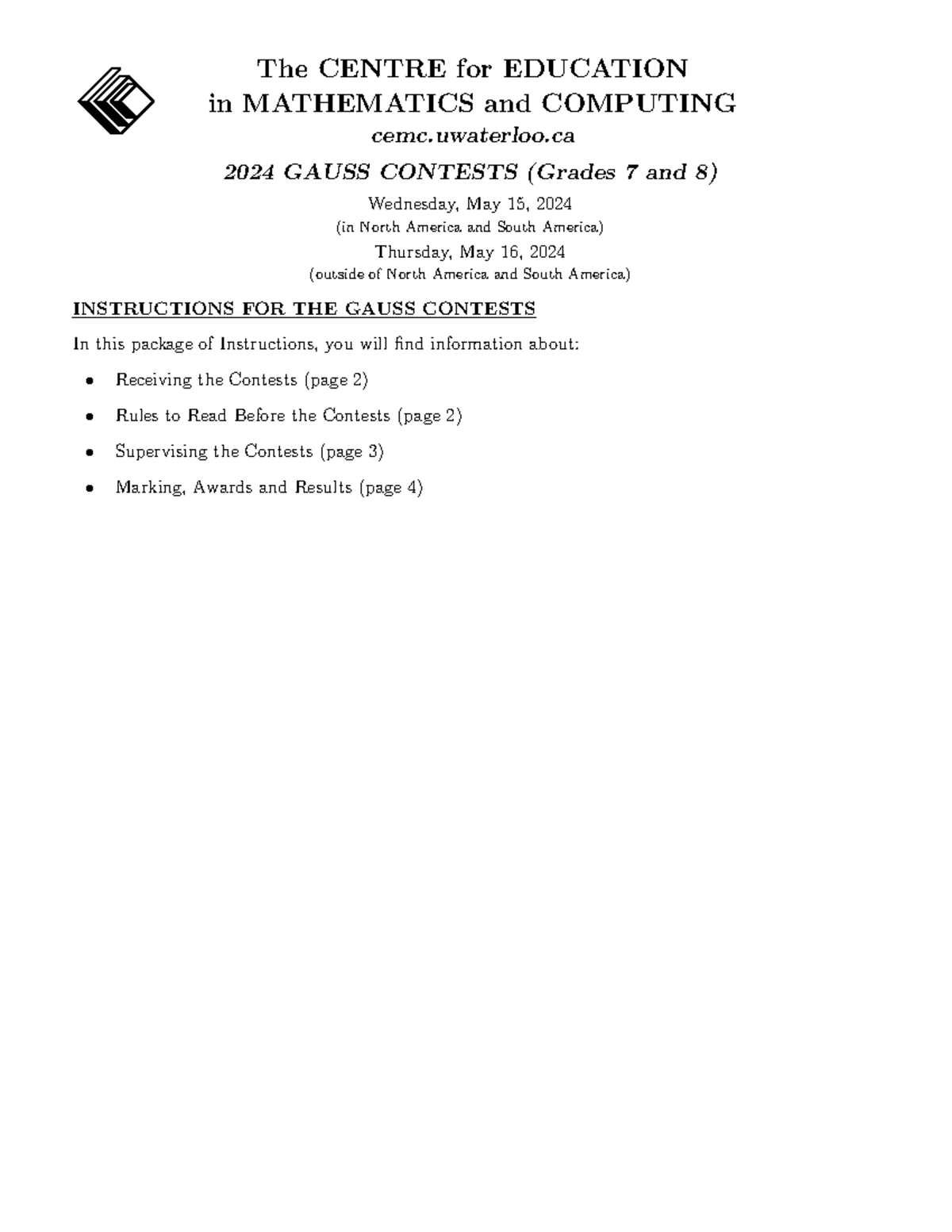 2024Gauss Instructions(E) - The CENTRE for EDUCATION in MATHEMATICS and ...
