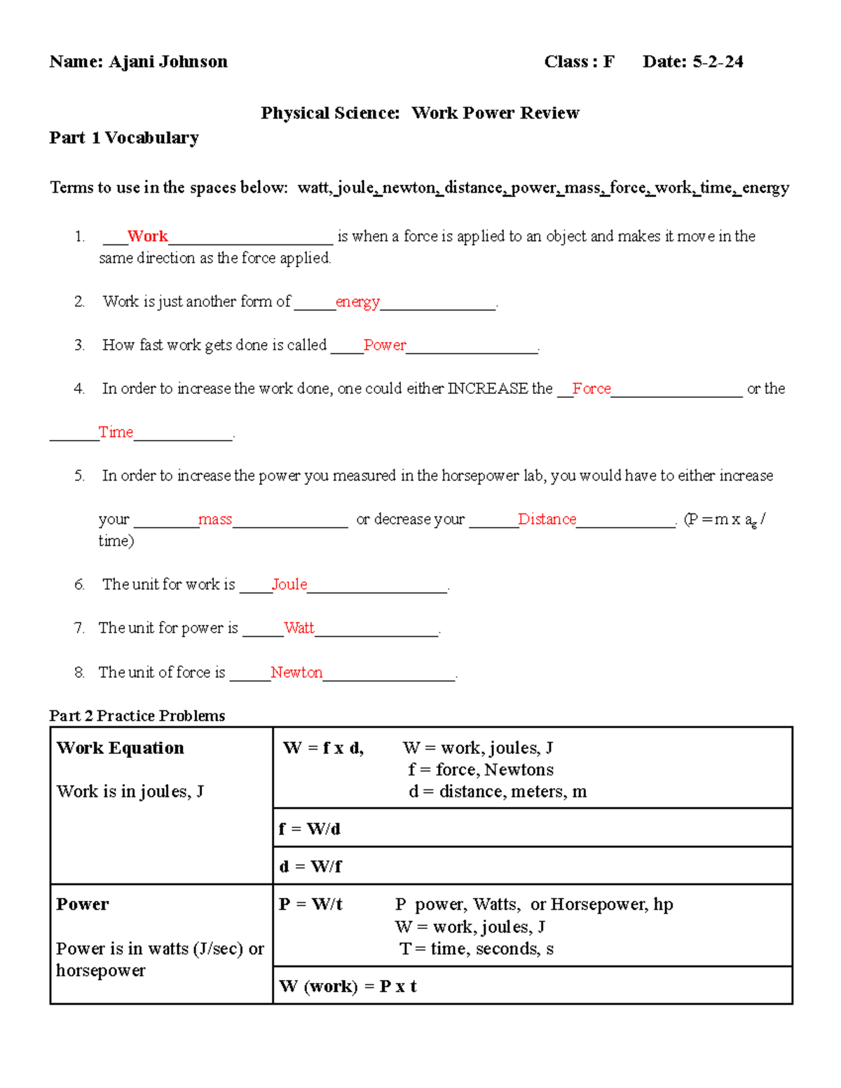 Work Power Review - Name: Ajani Johnson Class : F Date: 5-2- Physical ...