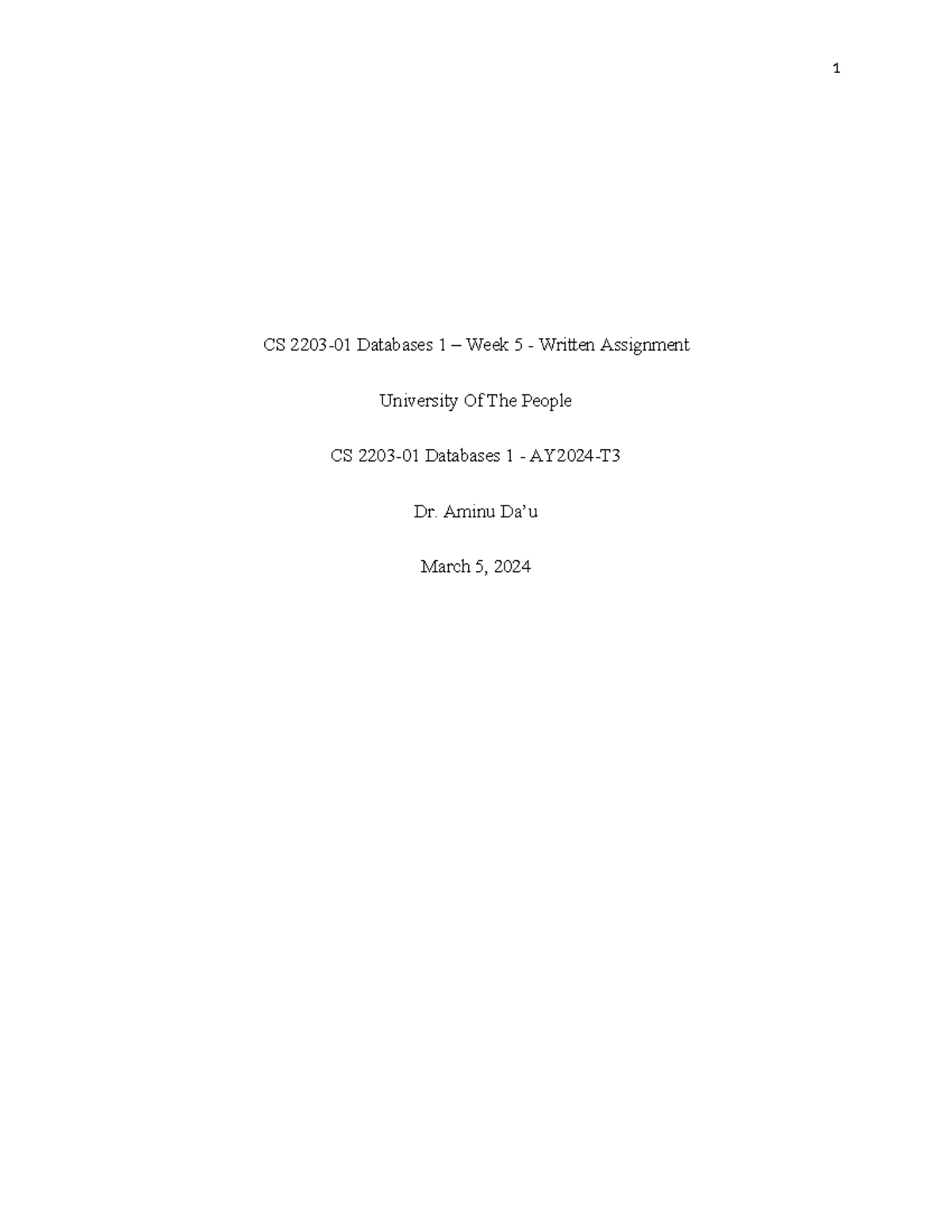 Cs2203 Databases Week5 Assignment Cs 2203 01 Databases 1 Week 5 Written Assignment