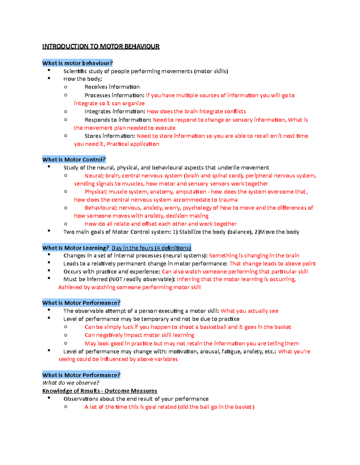 Introduction TO Motor Behaviour KINE2P05 - INTRODUCTION TO MOTOR ...