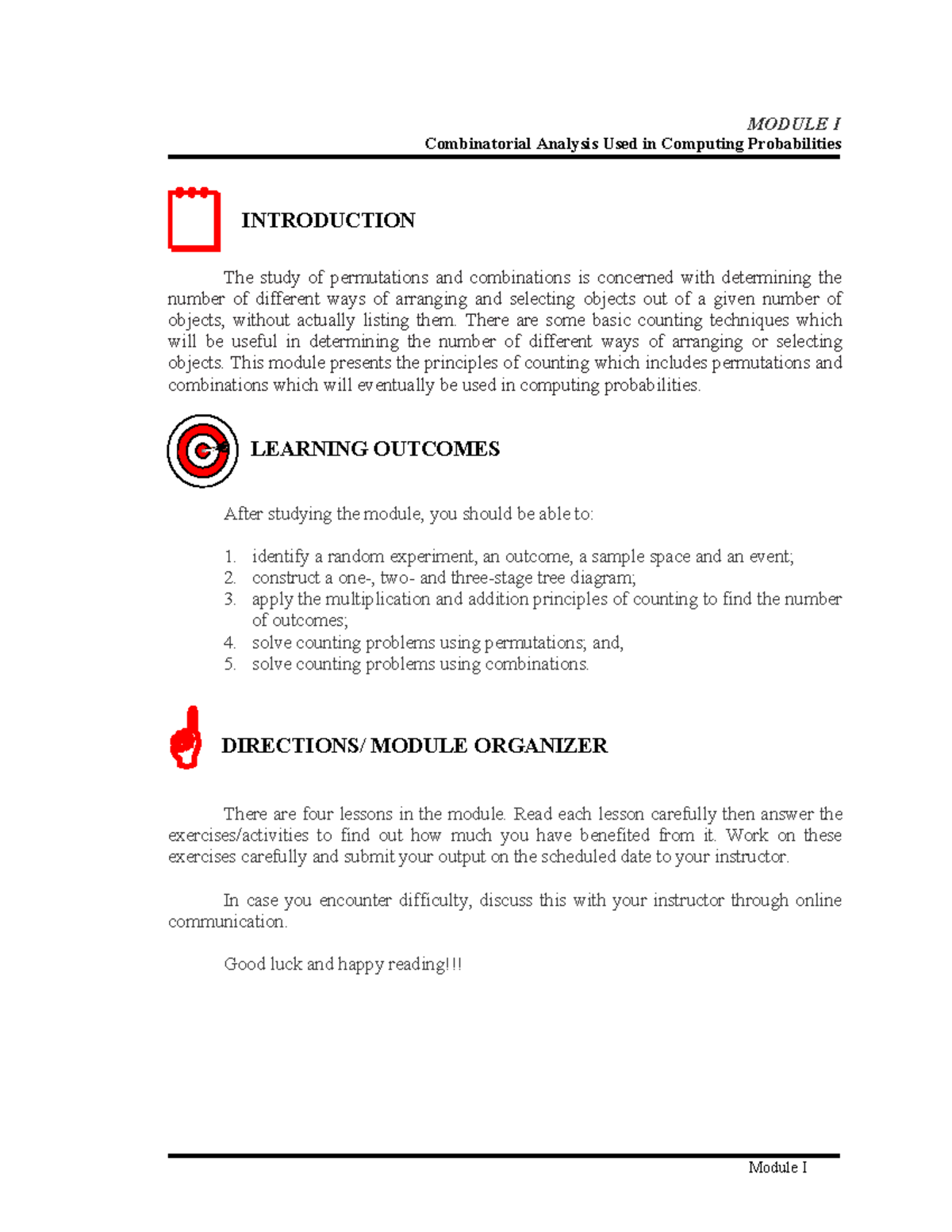 Fundamental Principles of Counting - Module I DIRECTIONS/ MODULE ORGANIZER INTRODUCTION MODULE I ...
