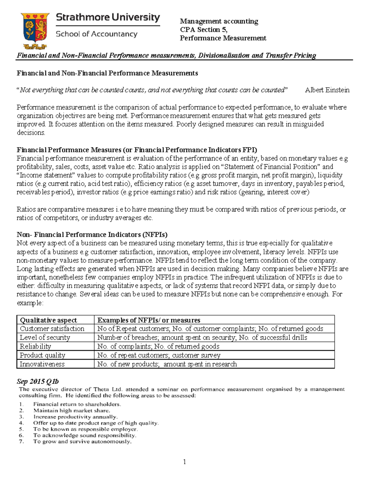 Financial and Non Financial performance measurements 2020 - Management ...