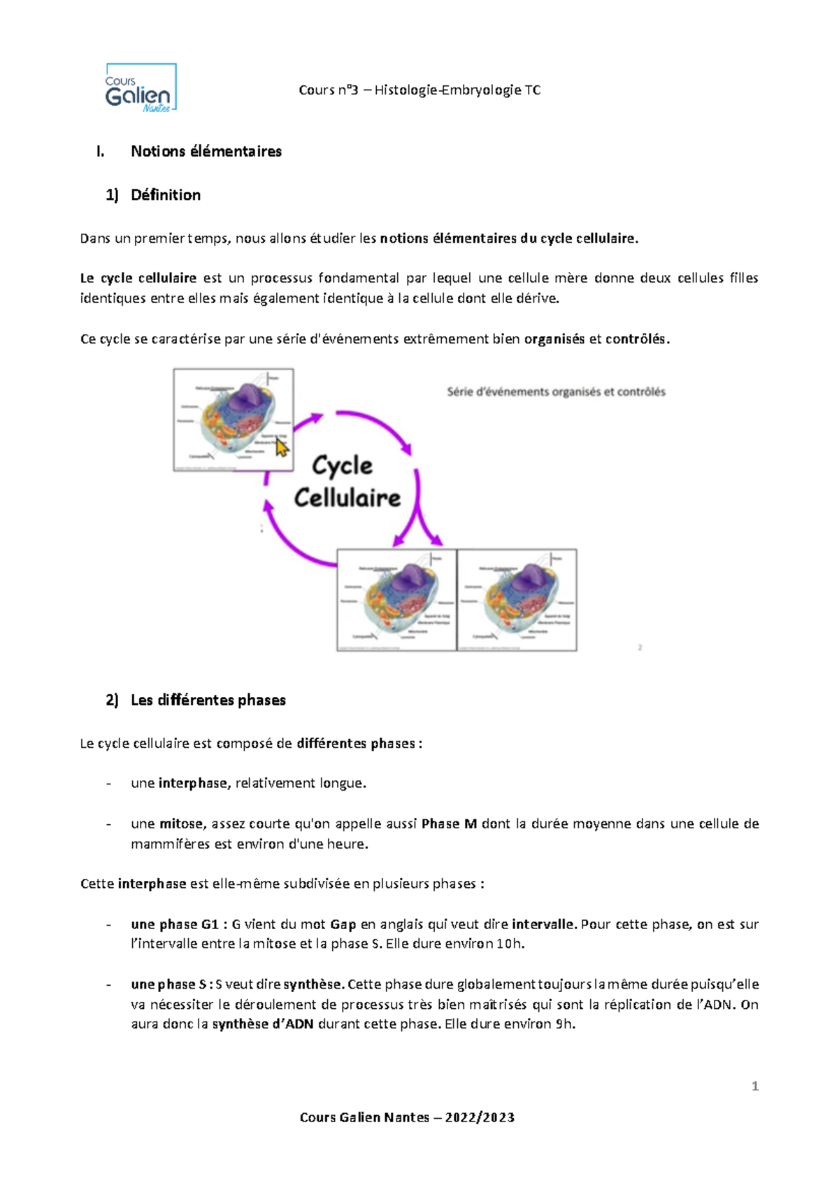 L.AS 2 - Cycle Cellulaire Partie 1 - 1 I. Notions élémentaires 1 ...
