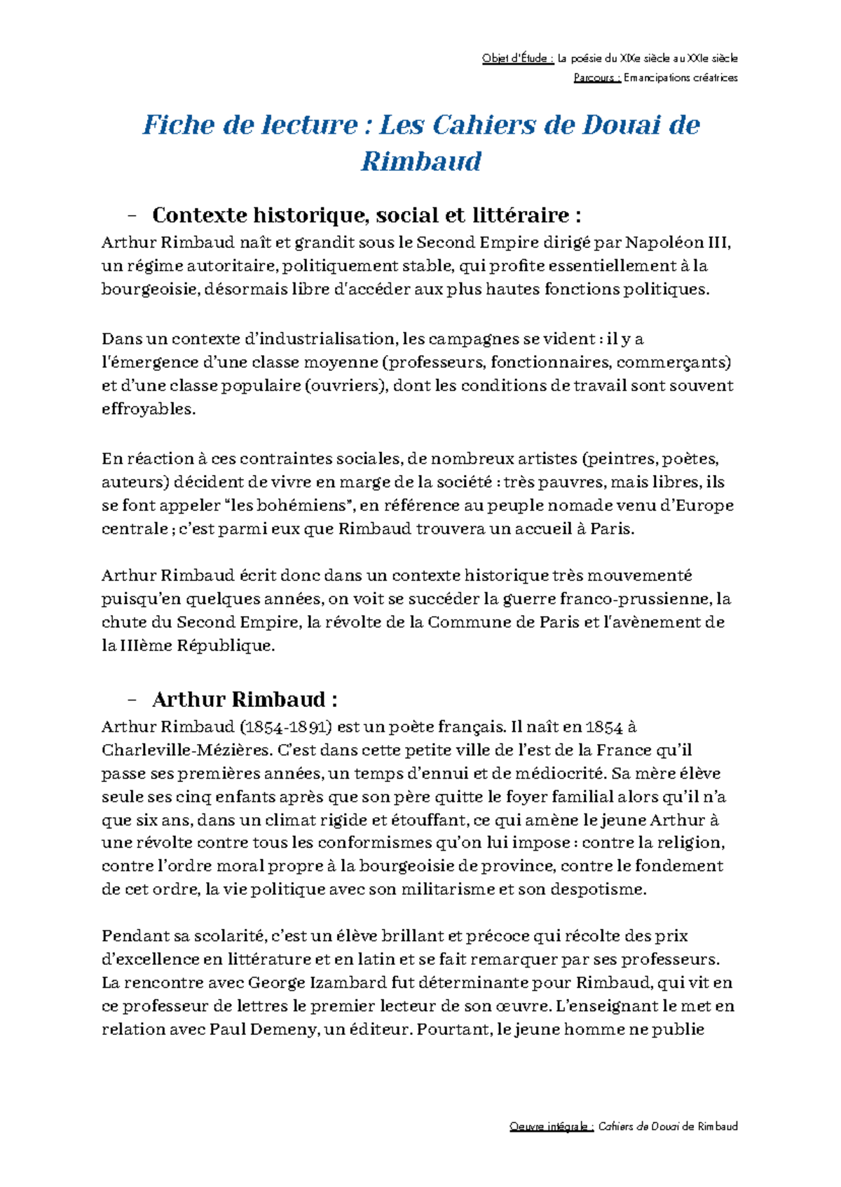 Fiche de lecture Les Cahiers de Douai - Parcours : Emancipations ...