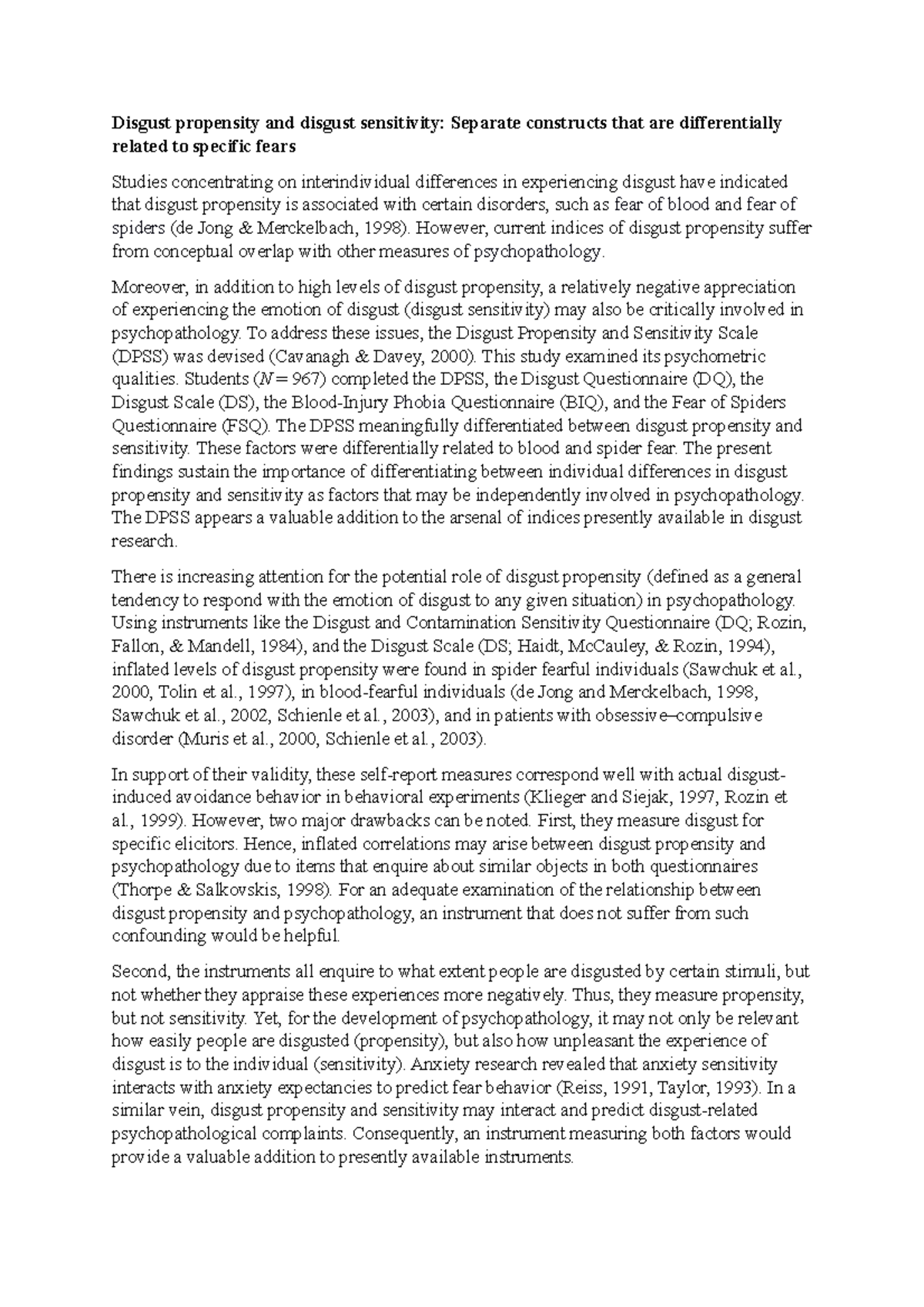 Disgust propensity and disgust sensitivity - However, current indices ...