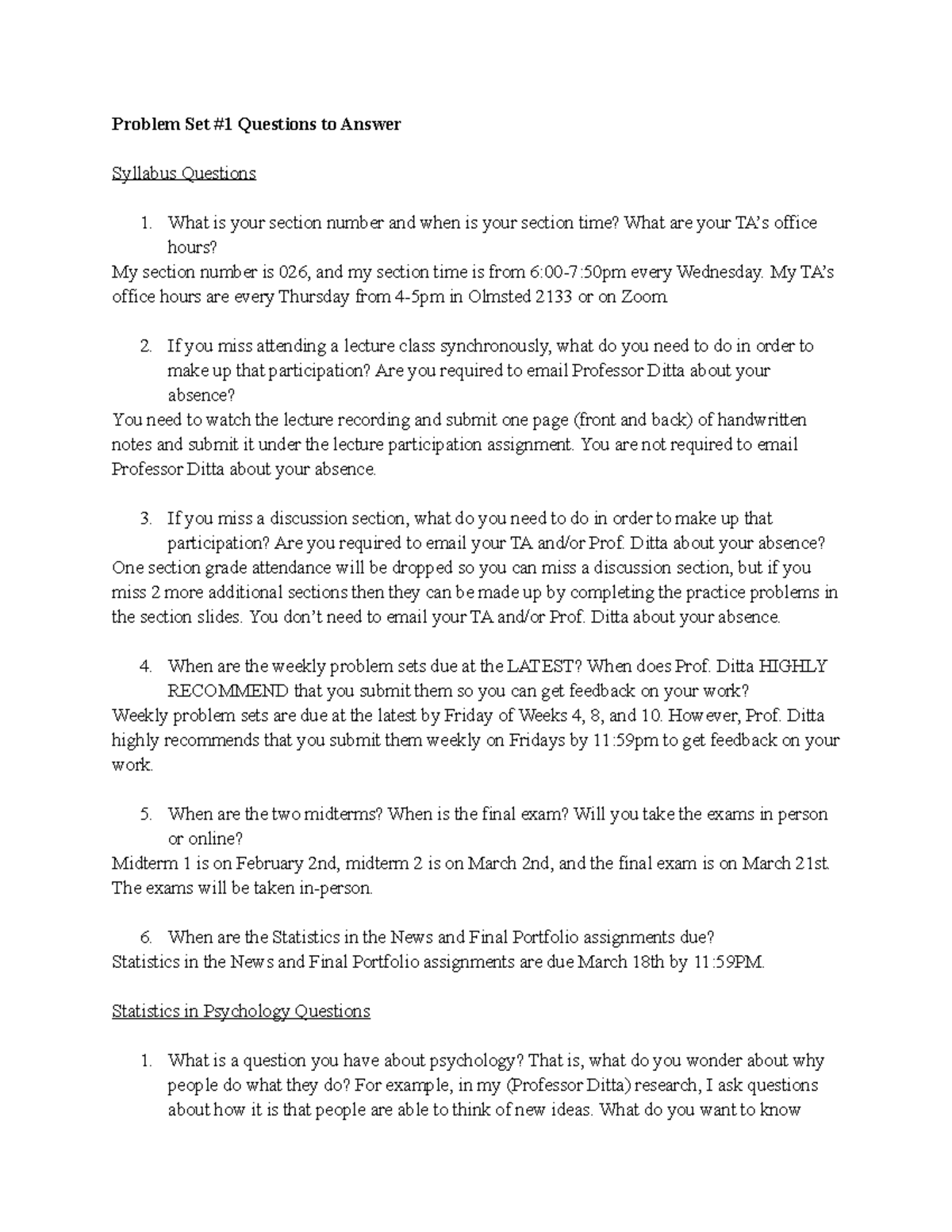 Problem Set #1 - Professor Ditta - Problem Set #1 Questions to Answer Syllabus Questions What is ...