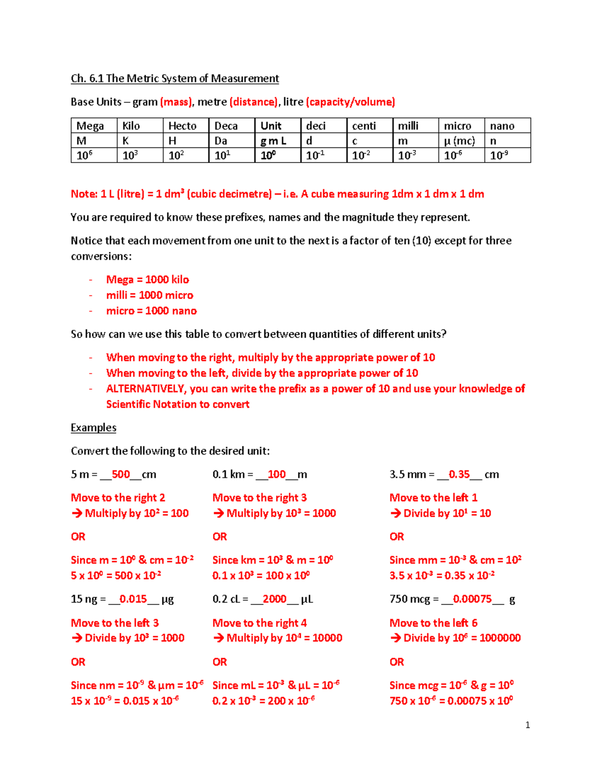 MATH 10172 - Chapter 6 Handout - Solutions - Ch. 6 The Metric System of ...