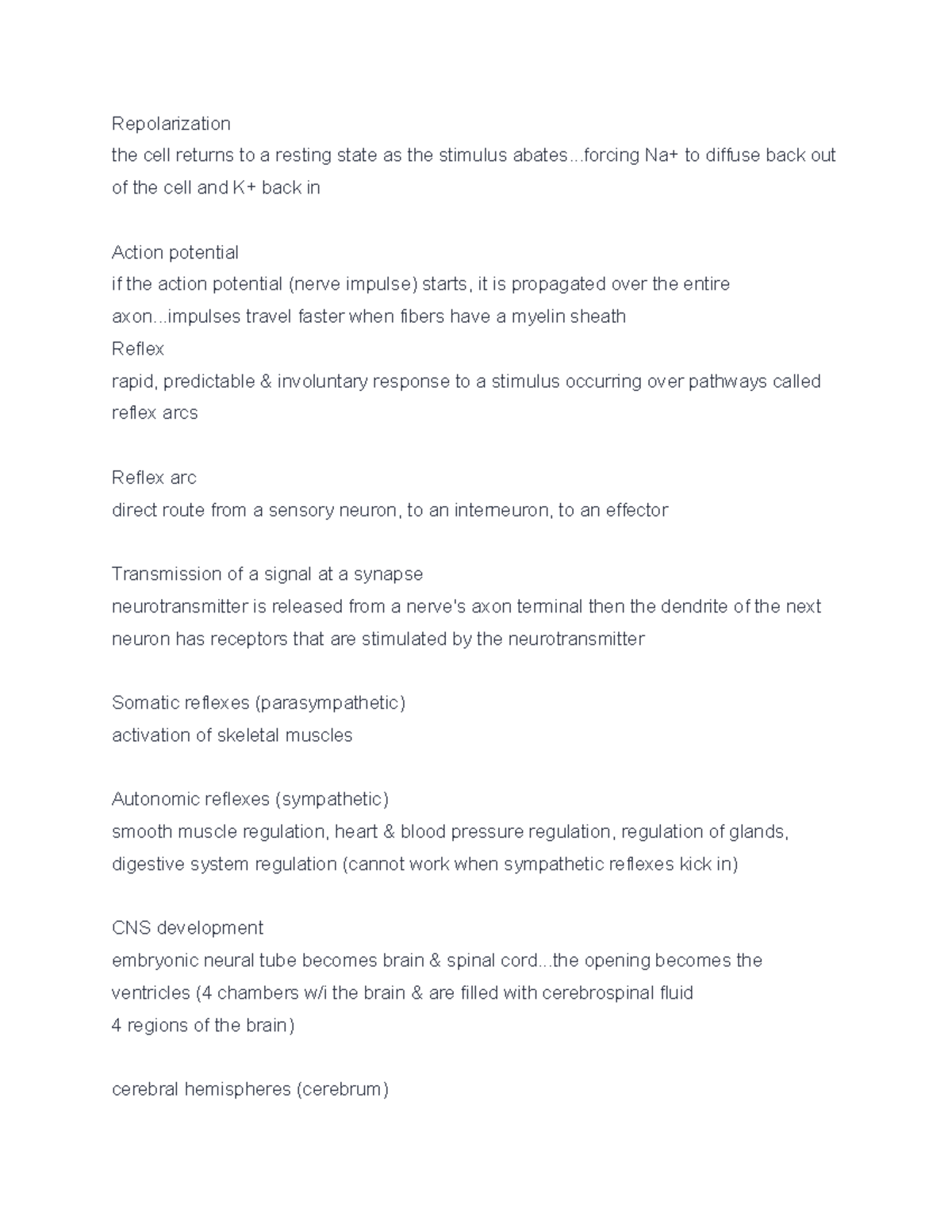 9 nervous system notes - Repolarization the cell returns to a resting ...