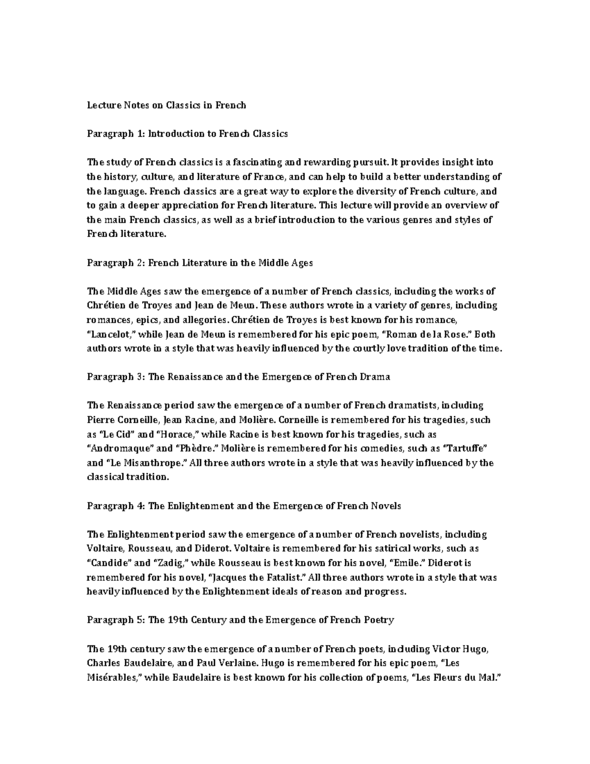Classics lecture notes - Lecture Notes on Classics in French Paragraph ...