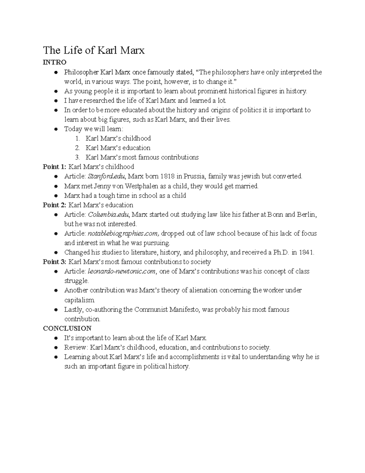 Example- Speaking Notes - The Life of Karl Marx INTRO Philosopher Karl ...