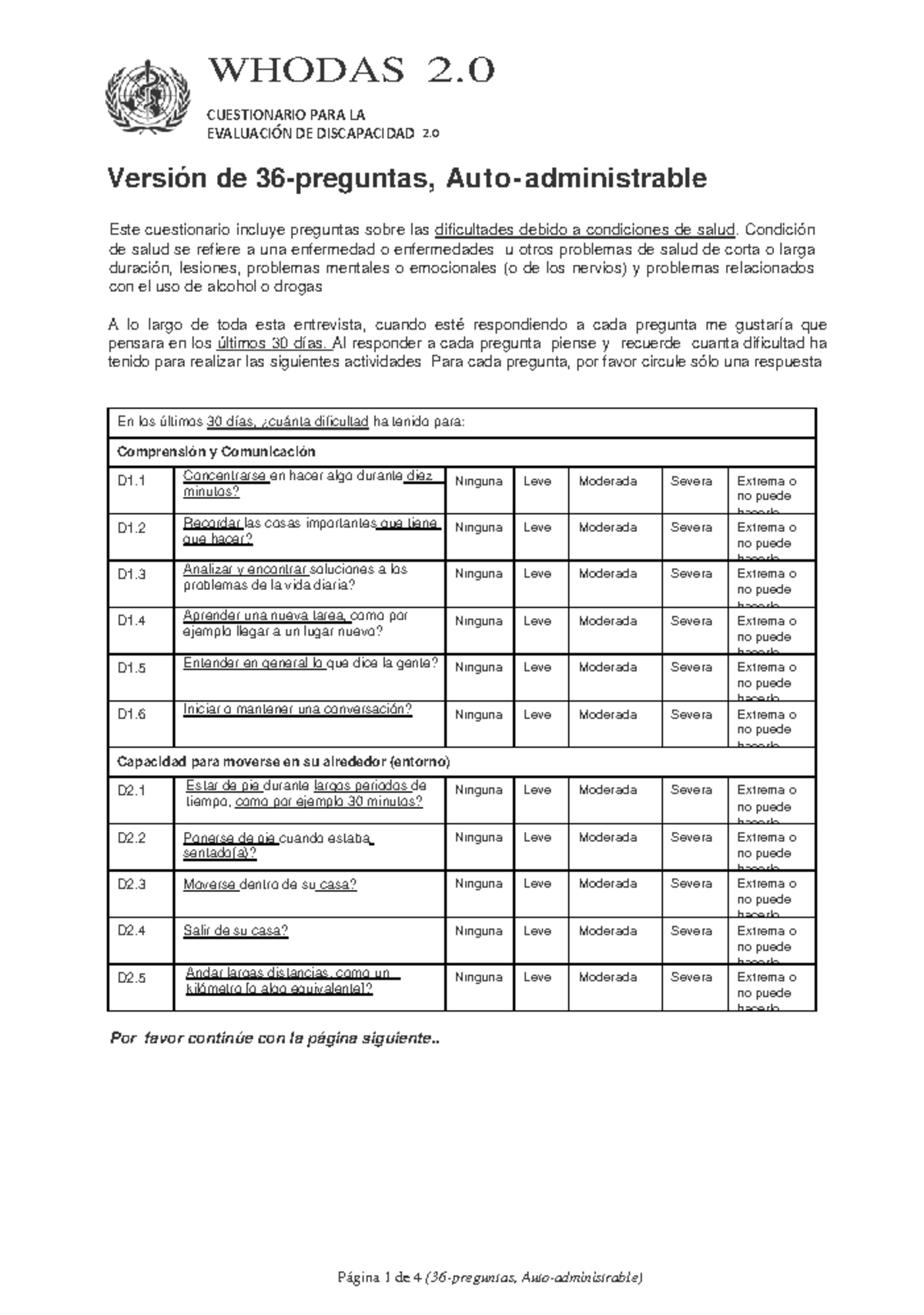 Whodas-2 - TEST WHODAAS - CUESTIONARIO PARA LA EVALUACIÓN DE ...