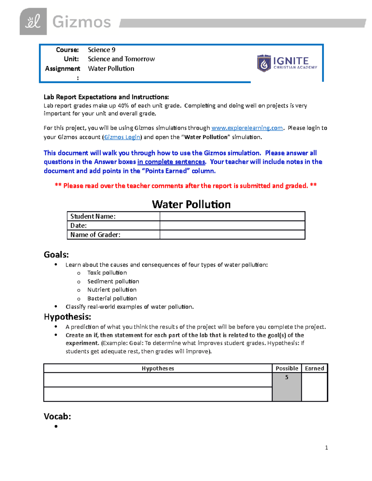 Lastname S0909 Water Pollution - Course: Science 9 Unit: Science and ...