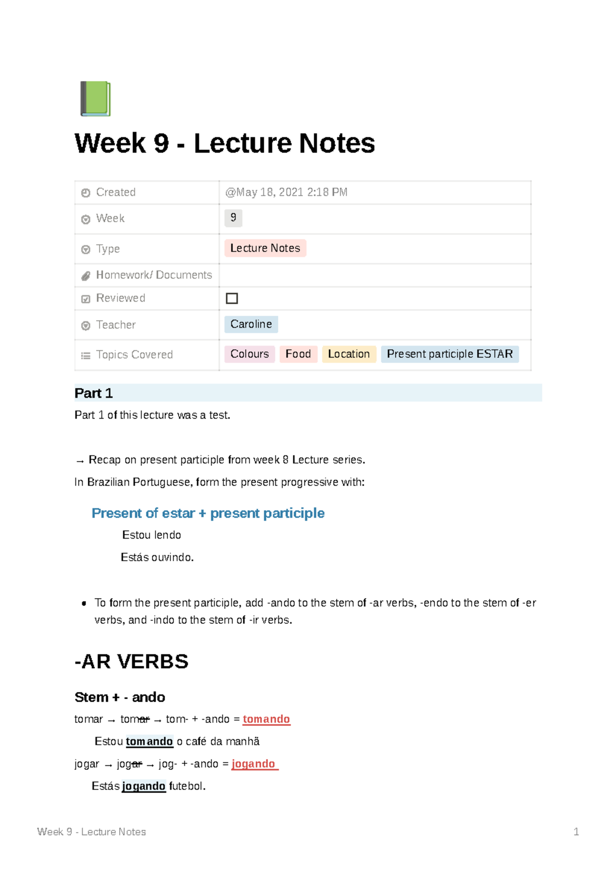 Week 9 - Lecture Notes - Portuguese for beginners - Å Week 9 - Lecture ...