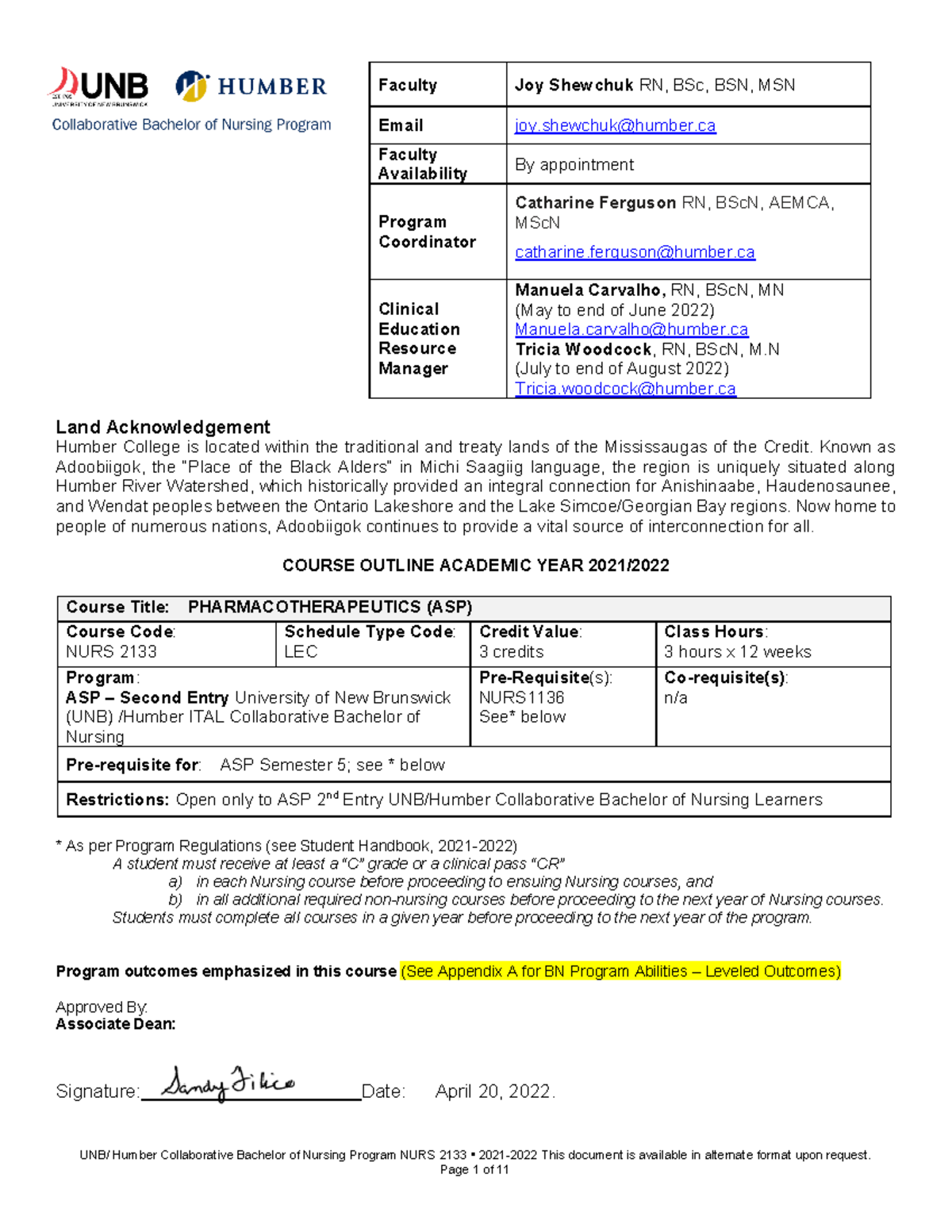 NURS 2133 ASP Pharmacotherapeutics Course Outline 2021-2022 approved ...