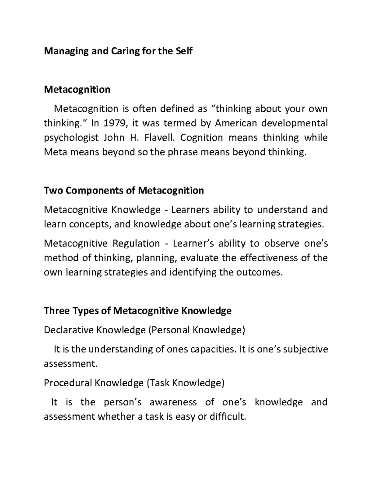 Managing AND Caring OF THE SELF 1 - Managing and Caring for the Self ... Managing AND Caring OF THE SELF 1 - Managing and Caring for the Self ...