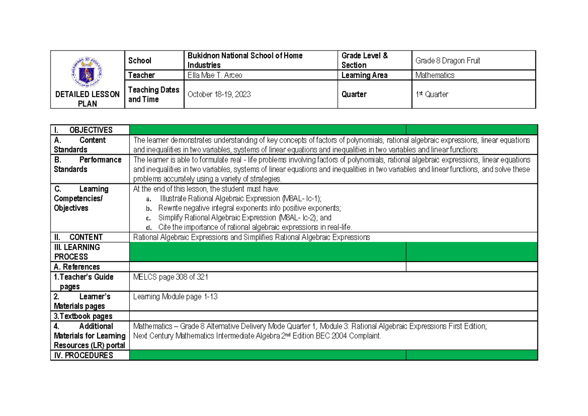 DLP Algebraic Expressions - DETAILED LESSON PLAN School Bukidnon ...