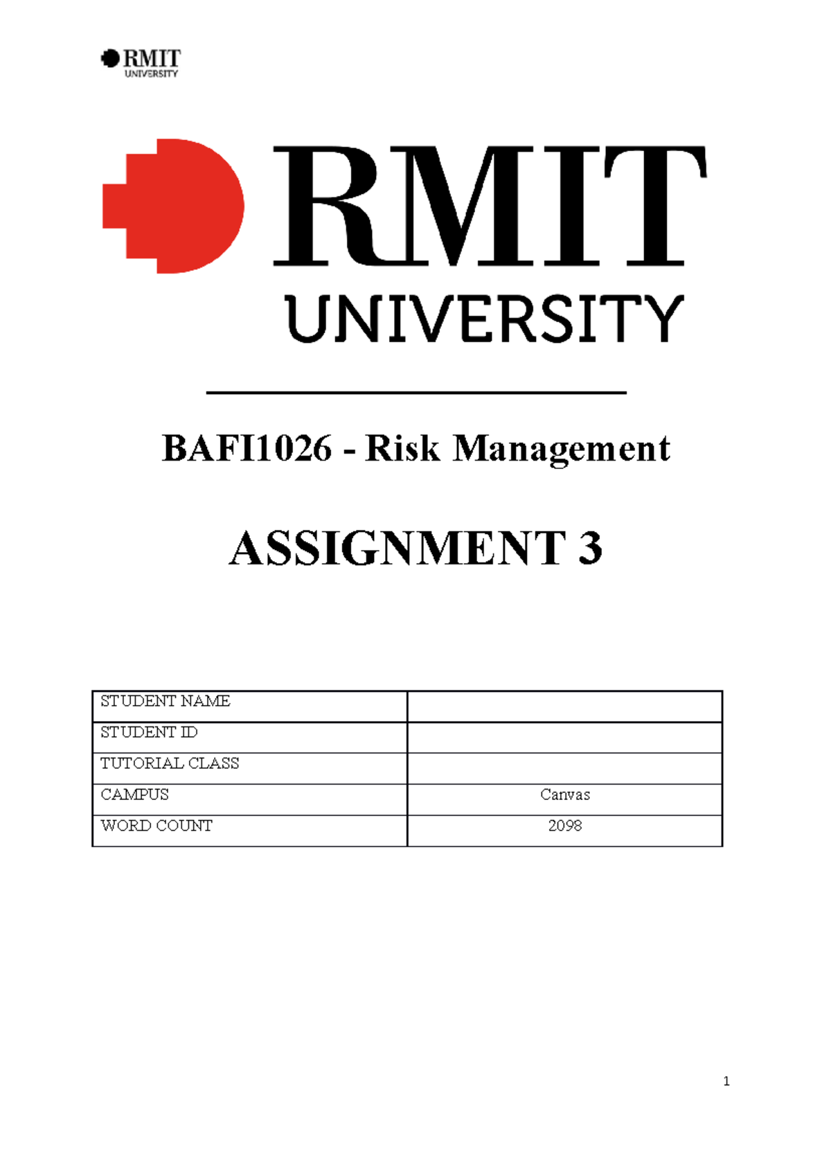 Risk Mana - ASM 3 - BAFI1026 - Risk Management ASSIGNMENT 3 - BAFI1026 ...