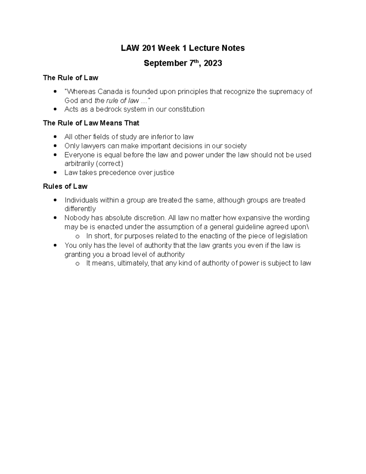 LAW 201 Week 1 Lecture Notes - LAW 201 Week 1 Lecture Notes September ...