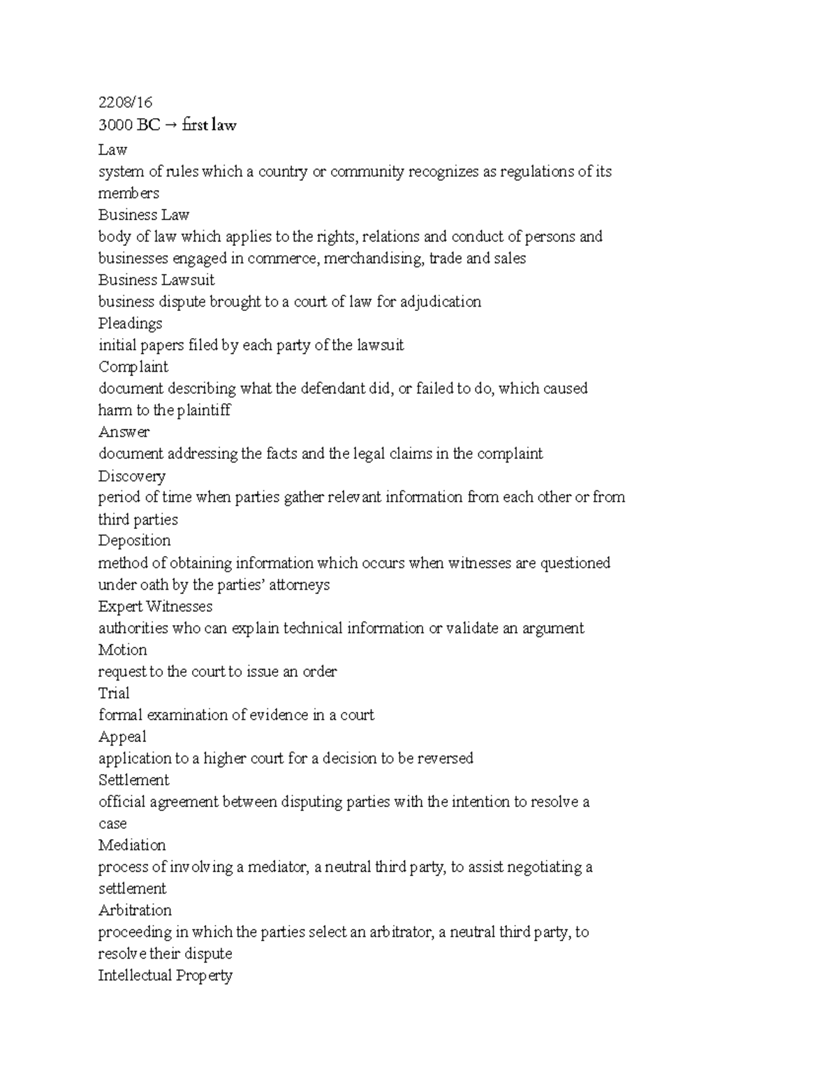 Business Law Notes - 2208/ 3000 BC → first law Law system of rules ...