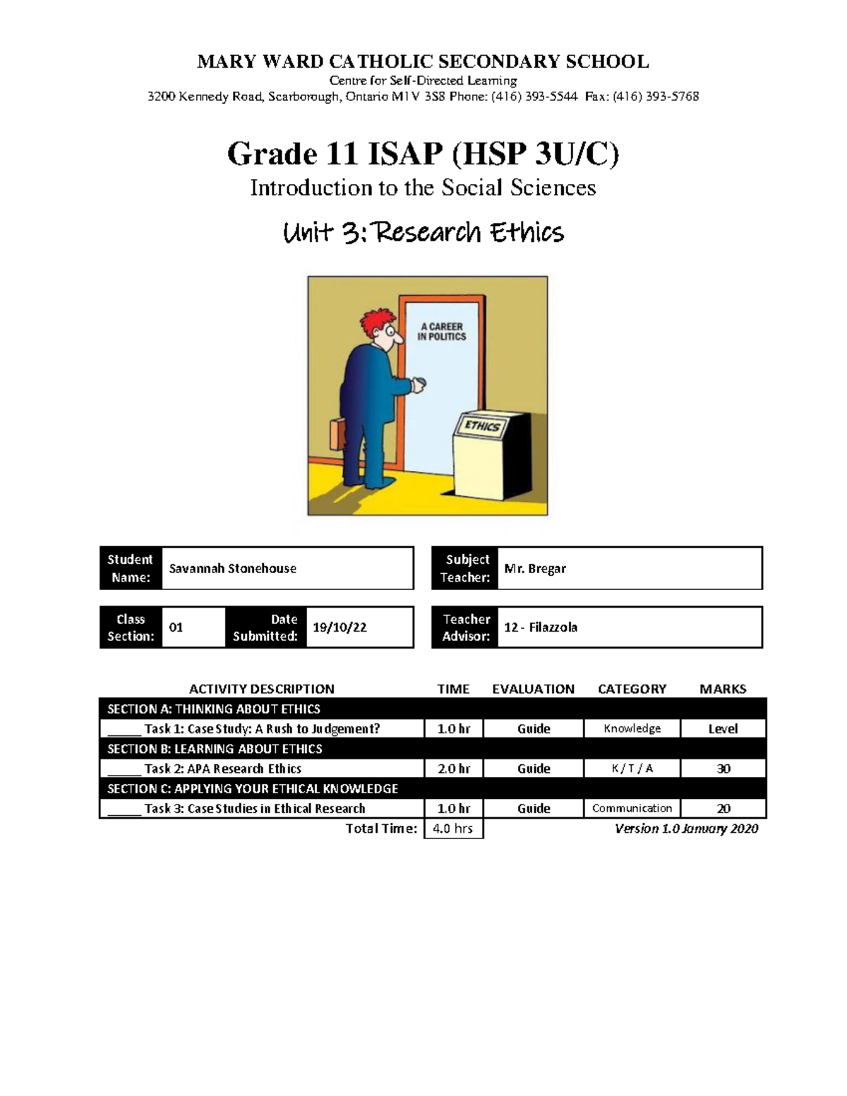 HSP 3M1 - Unit 3 - Task 1 - MARY WARD CATHOLIC SECONDARY SCHOOL Centre ...