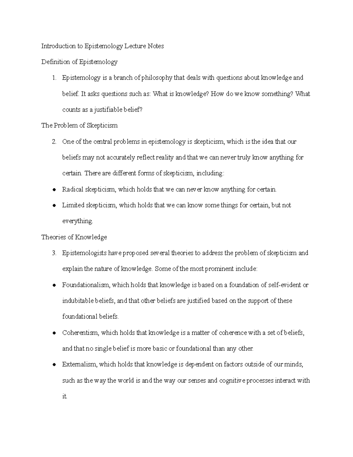 Philosophy 2 - Introduction to Epistemology Lecture Notes Definition of ...