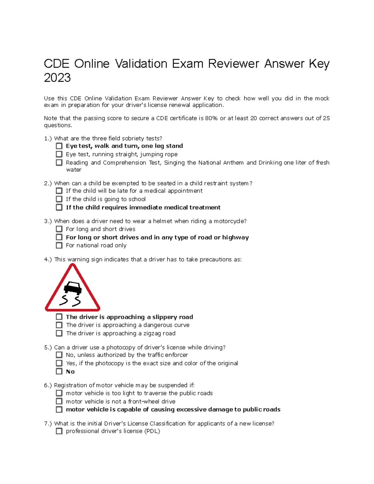 Answers CDE Online Validating Exam 1 - CDE Online Validation Exam ...