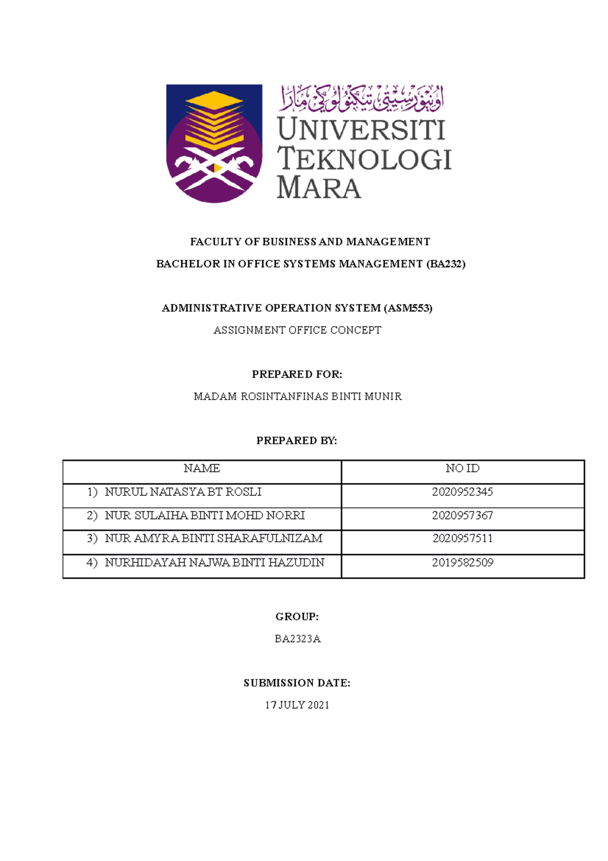 ASM 553 Group Assignment - FACULTY OF BUSINESS AND MANAGEMENT BACHELOR ...