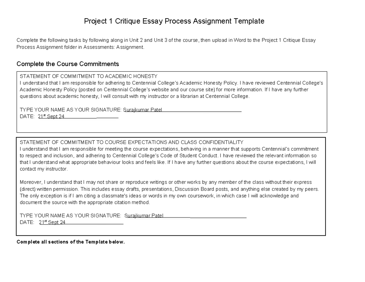 COMM171 Project 1 Critique Essay Process Assignment Template - Project 1 Critique Essay Process ...