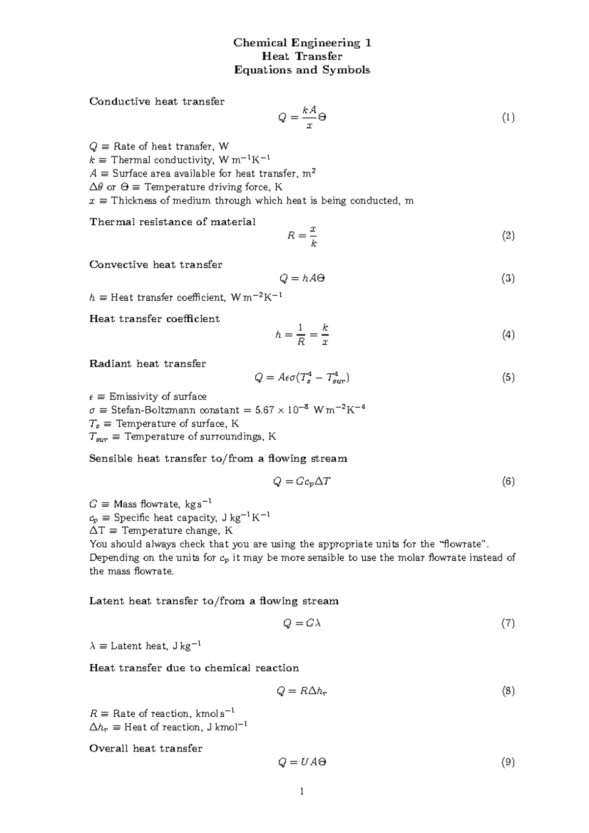 Equations & Symbols - Chemical Engineering 1 Heat Transfer Equations ...