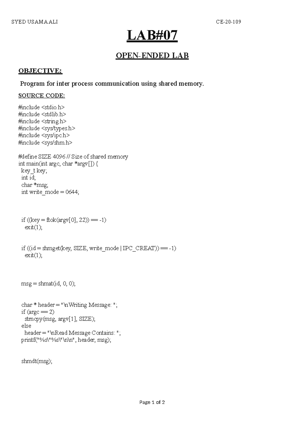 LAB 07 OS habib-converted - Page 1 of 2 SYED USAMA ALI CE-20- OBJECTIVE: LAB# OPEN-ENDED LAB ...