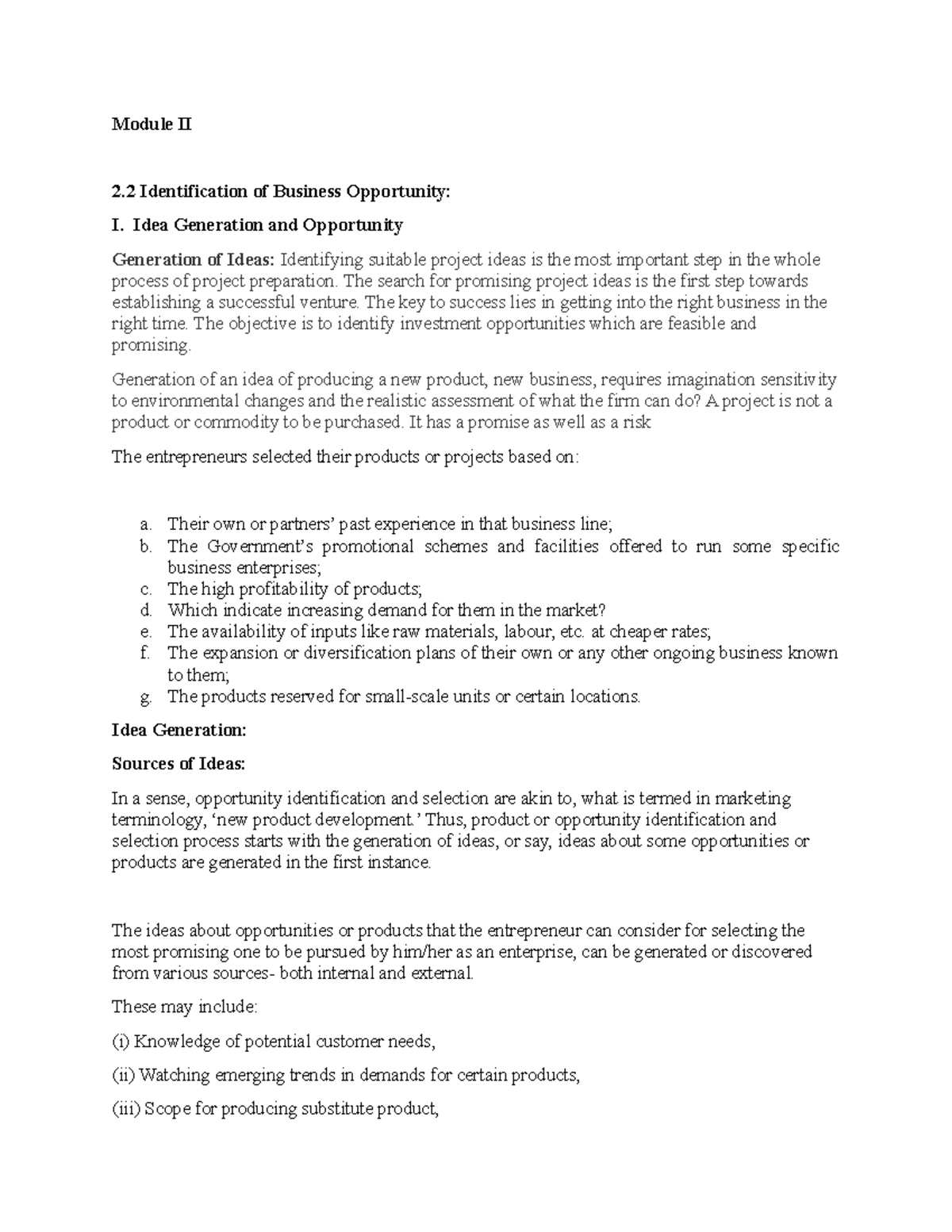 ED Mod 2 small business opportunities - Module II 2 Identification of ...