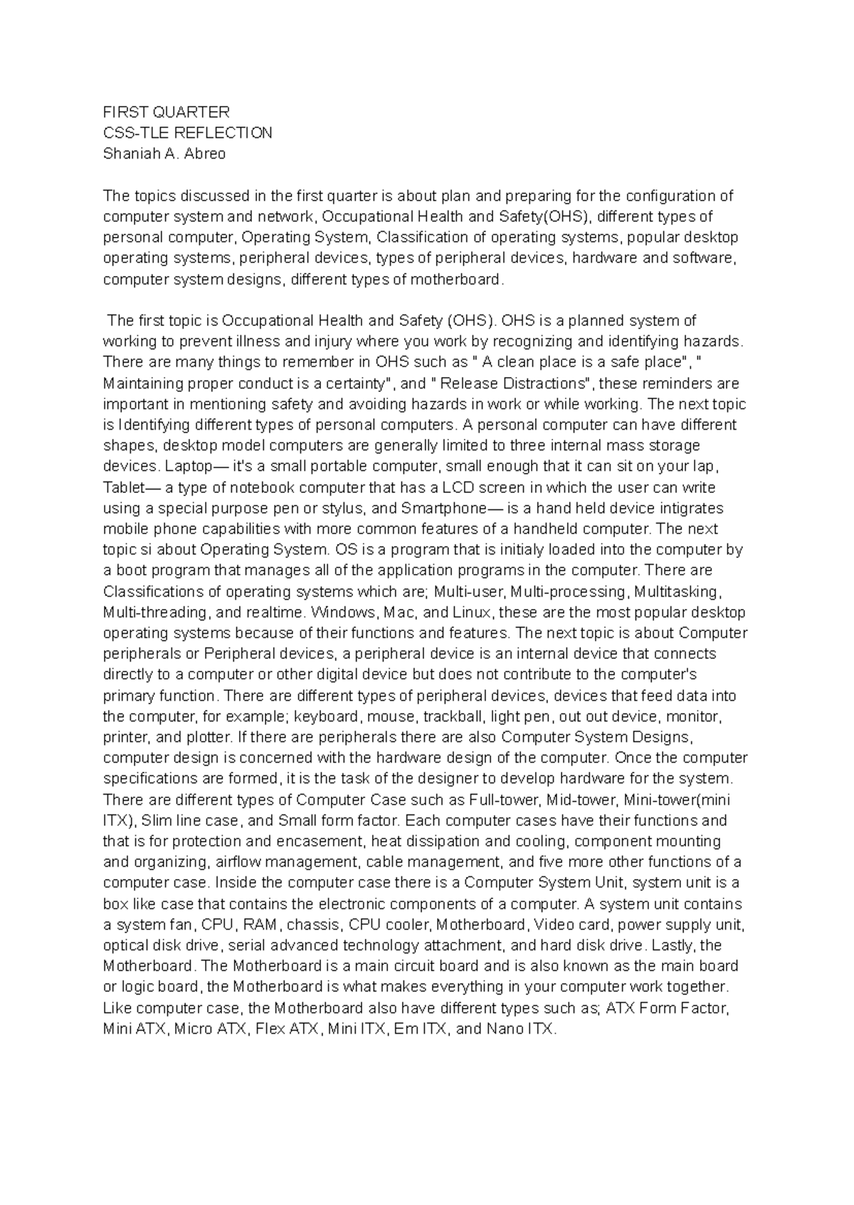 First quarter ict - FIRST QUARTER CSS-TLE REFLECTION Shaniah A. Abreo ...