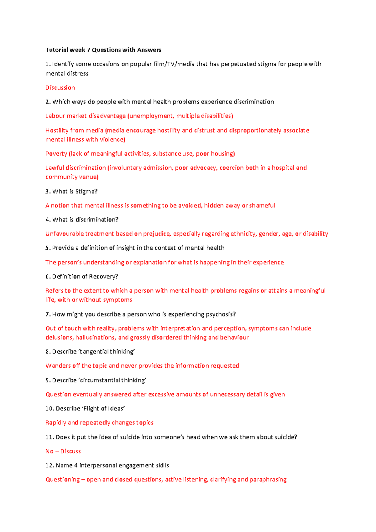Questions Answers mental health - Tutorial week 7 Questions with ...