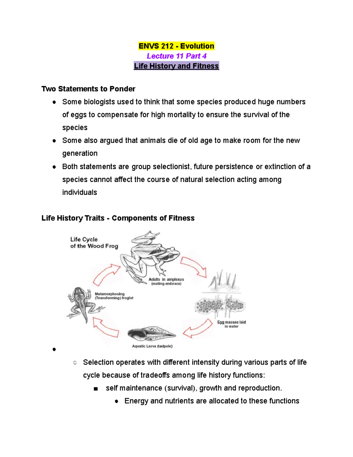 ENVS 212 Lecture 11 Part 4 - Spring 2020 - ENVS 212 - Evolution Lecture 11 Part 4 Life History ...