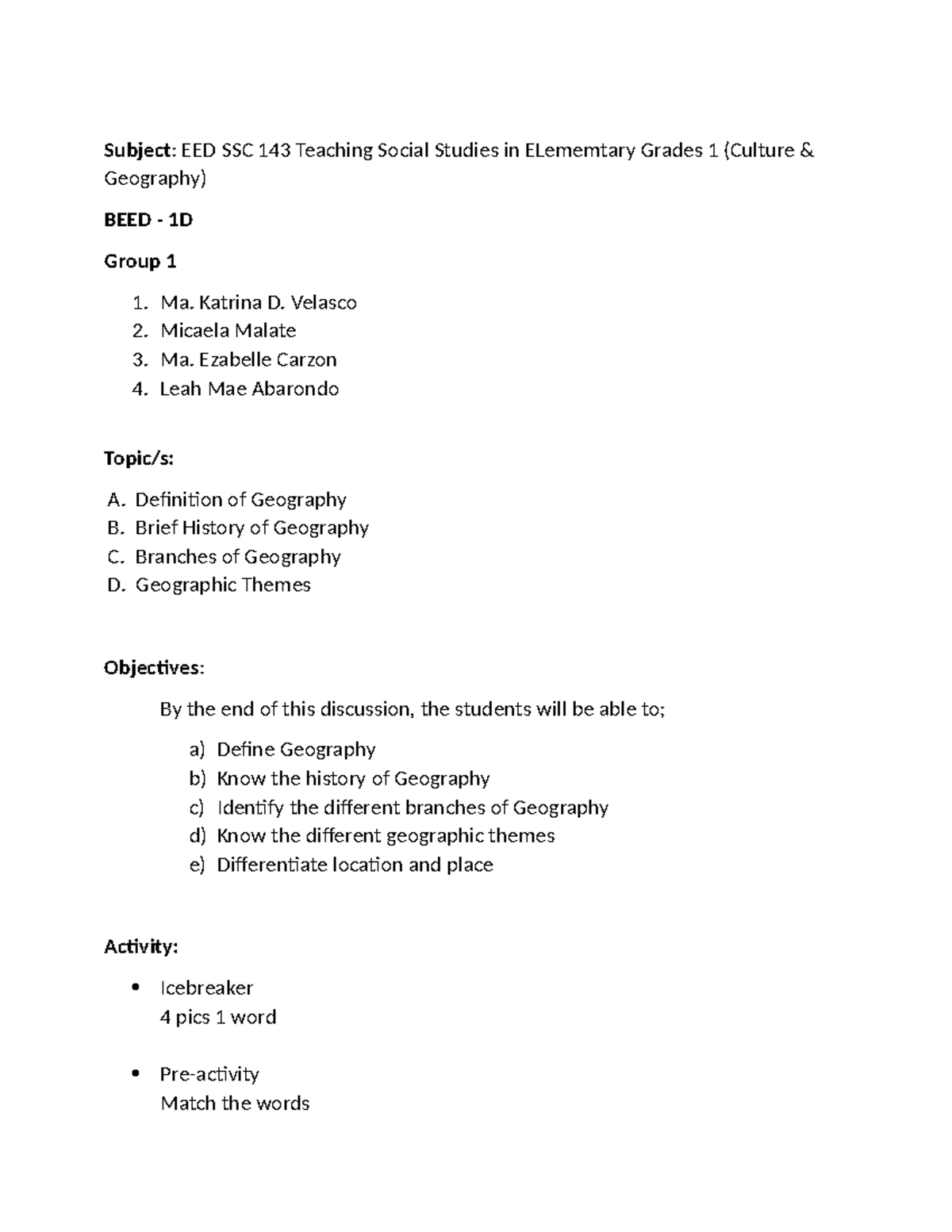Geography-lesson-plan - Subject: EED SSC 143 Teaching Social Studies in ...