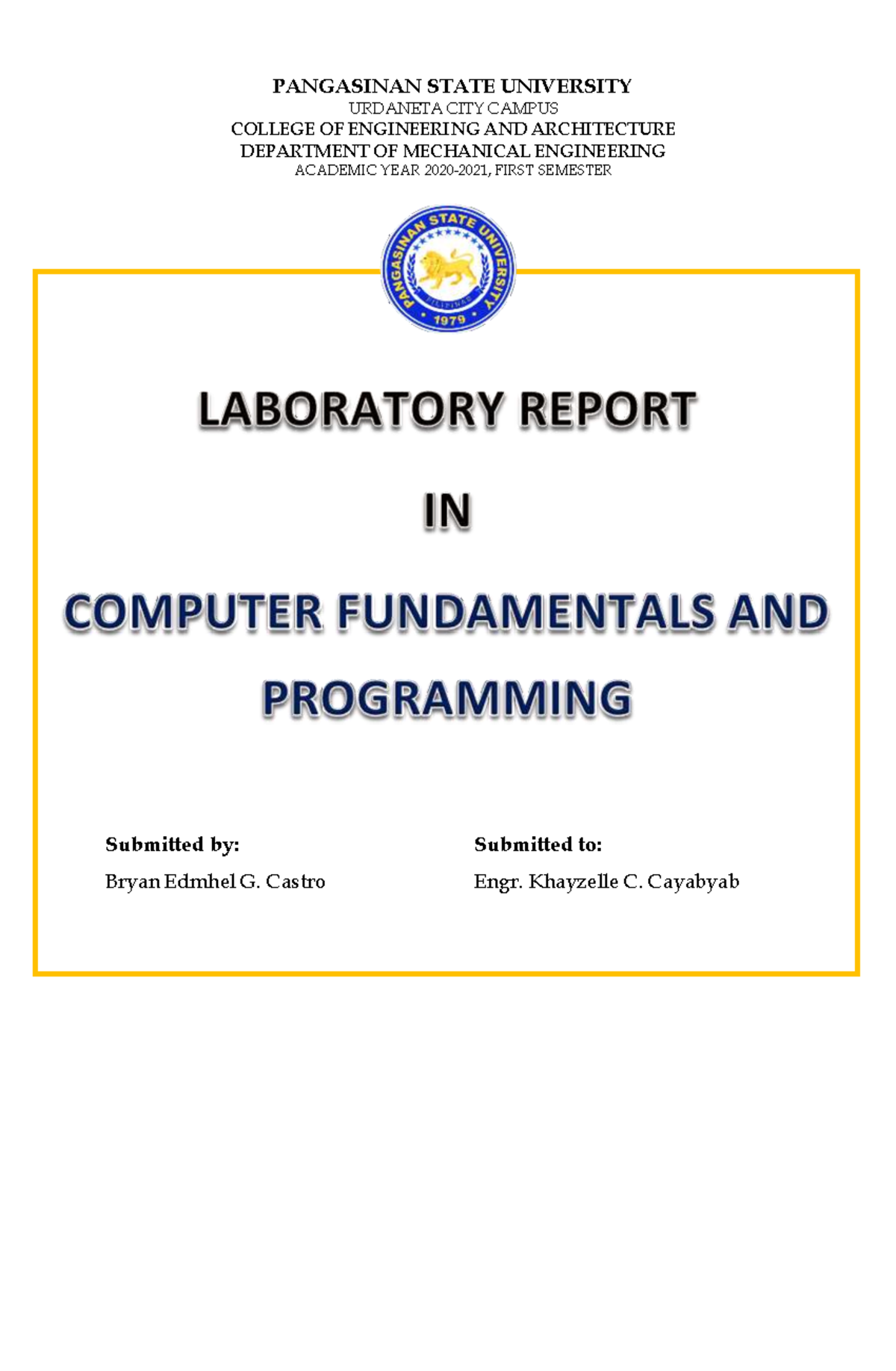 Castro Laboratory- Report 14 - Computer Engineering - PangSU - Studocu
