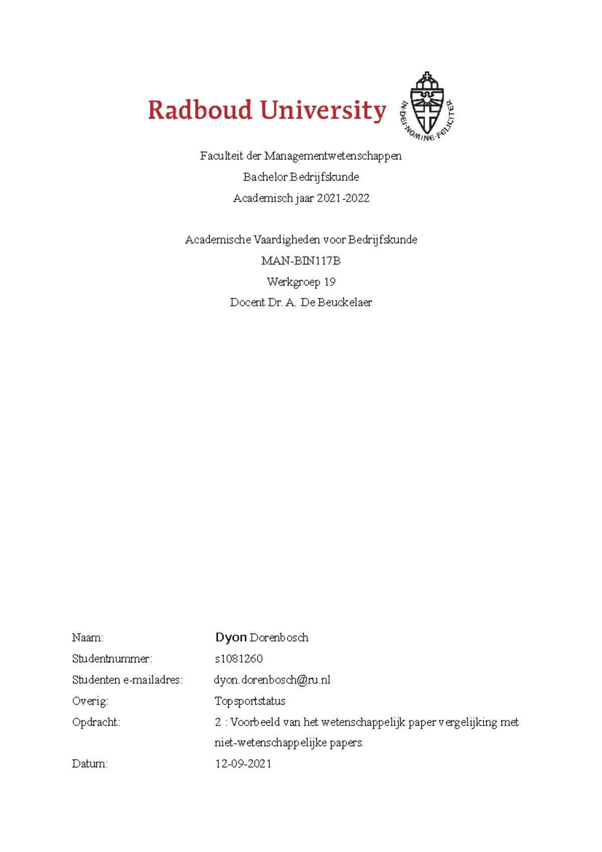 Academische Vaardigheden opdracht 2 : Voorbeeld van het ...