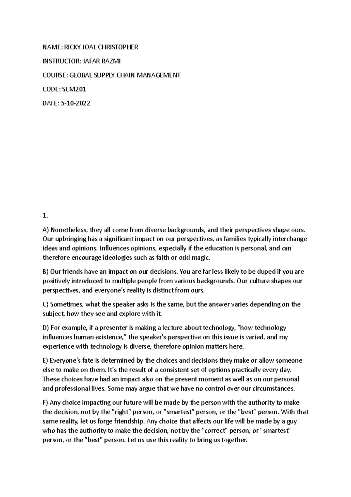 Global Classroom - solved - NAME: RICKY JOAL CHRISTOPHER INSTRUCTOR ...