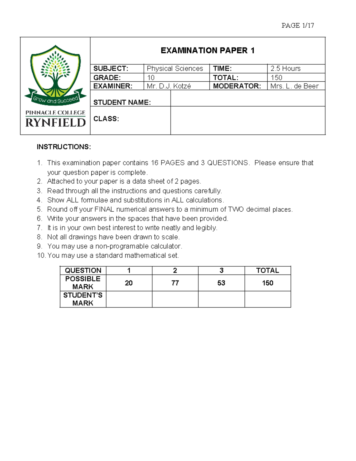 Grade 10 P.Sc Year end Exam P1 - / EXAMINATION PAPER 1 SUBJECT ...