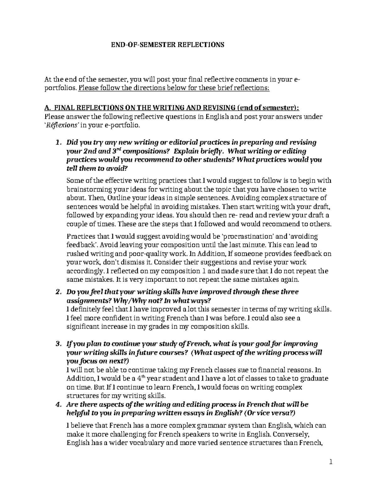 Final Reflection-FREN1000 - END-OF-SEMESTER REFLECTIONS At the end of ...