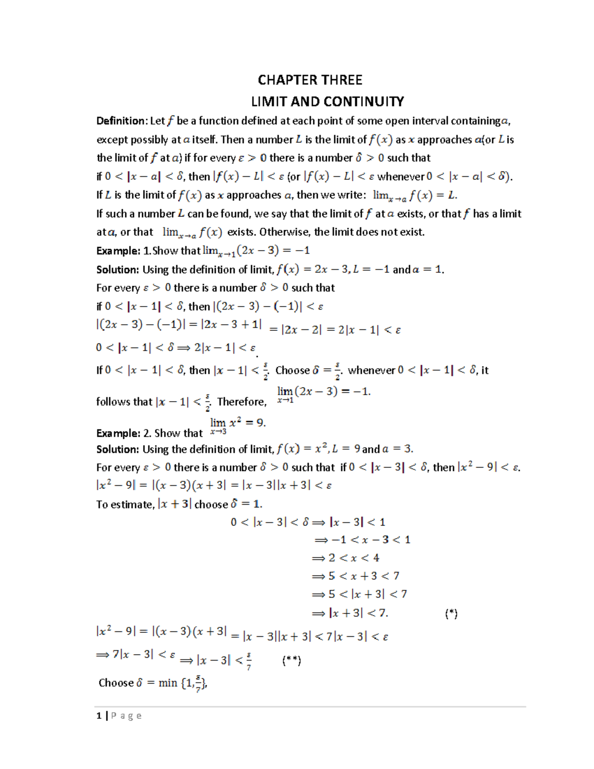 Limit, Continuity and Derivatives - CHAPTER THREE LIMIT AND CONTINUITY ...
