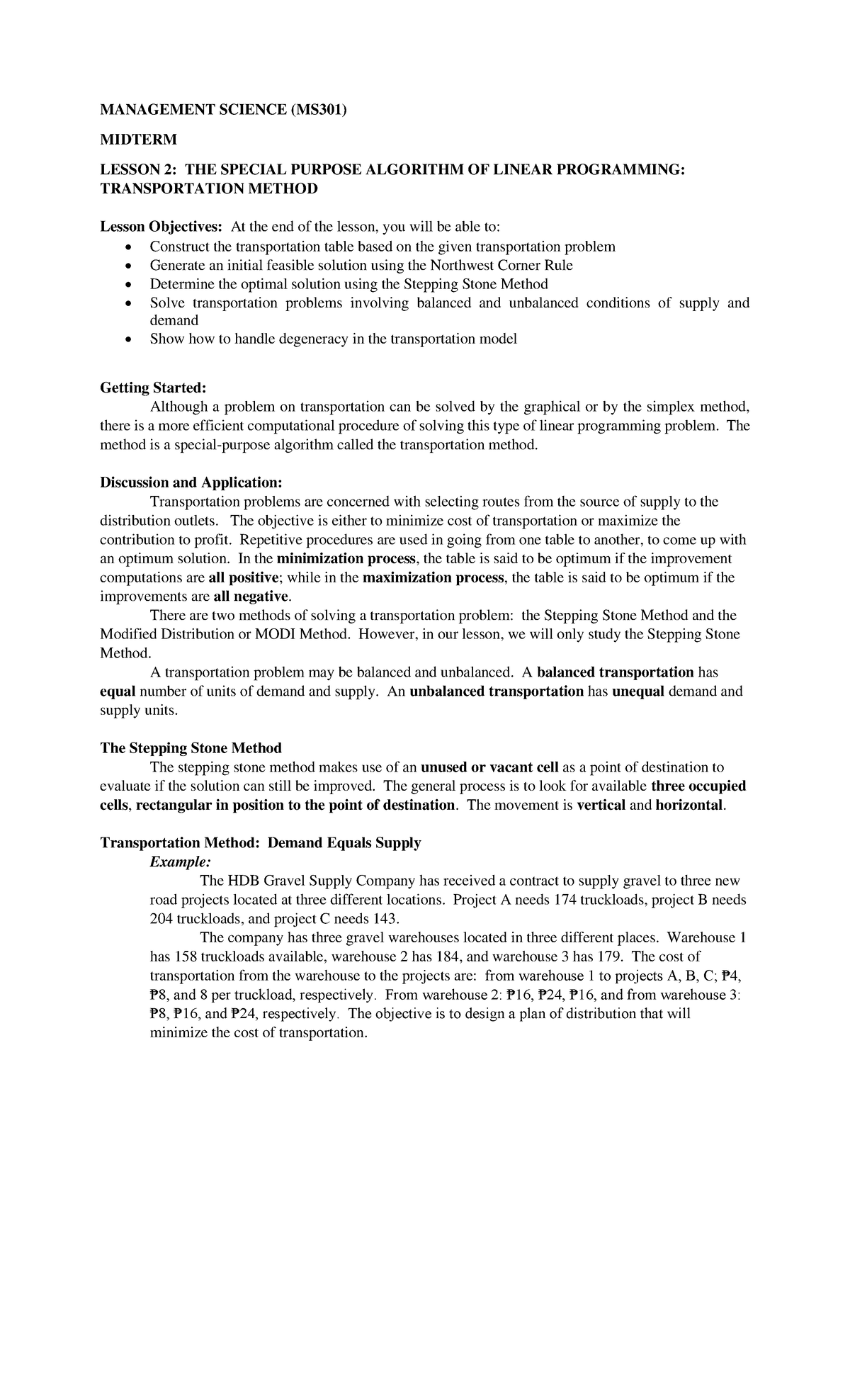 Midterm L2 Transportation Method - MANAGEMENT SCIENCE (MS301) MIDTERM LESSON 2 : THE SPECIAL ...