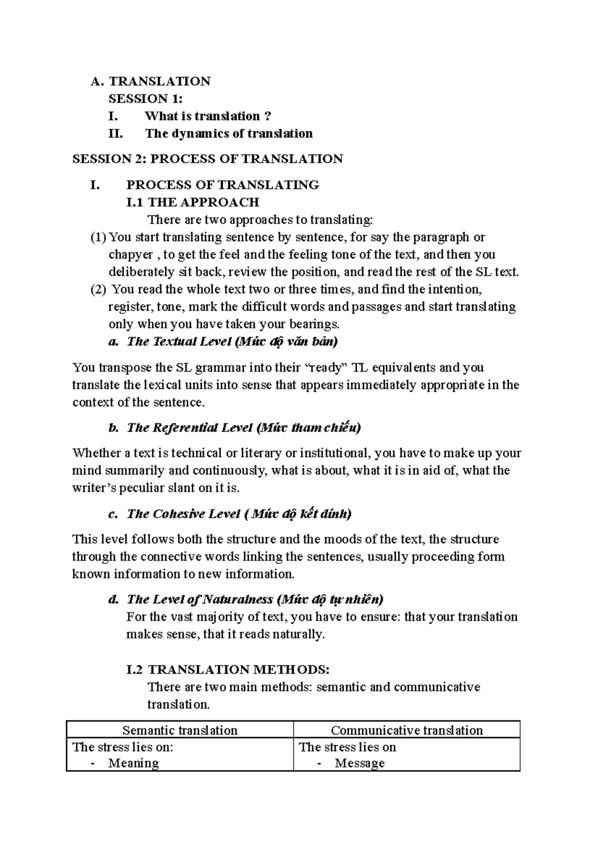 On ly thuyt dich - A. TRANSLATION SESSION 1: I. What is translation? II ...
