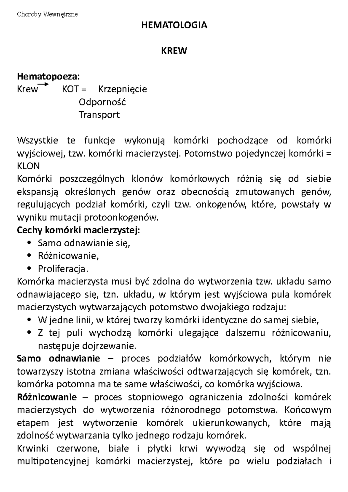 1 Hematologia Notatki Z Wykładu 1 Hematologia Krew Hematopoeza